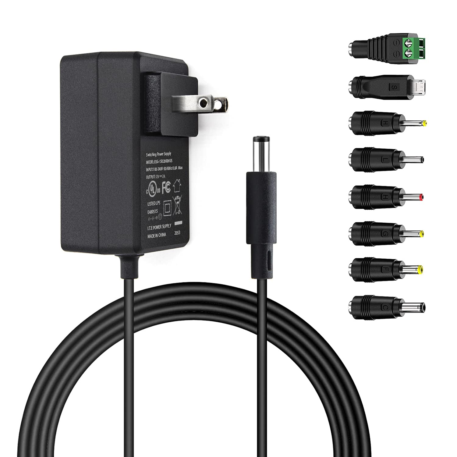 UL Listed GOOKYO 12V 2A Power Supply 12VDC 2000mA Wall Charger Multi Tip Switching Replacement AC Adapter Fit for LED Light Strip,CCTV Camera,DVR,Modem,Amp and More DC 12v Devices Power Supply Cord