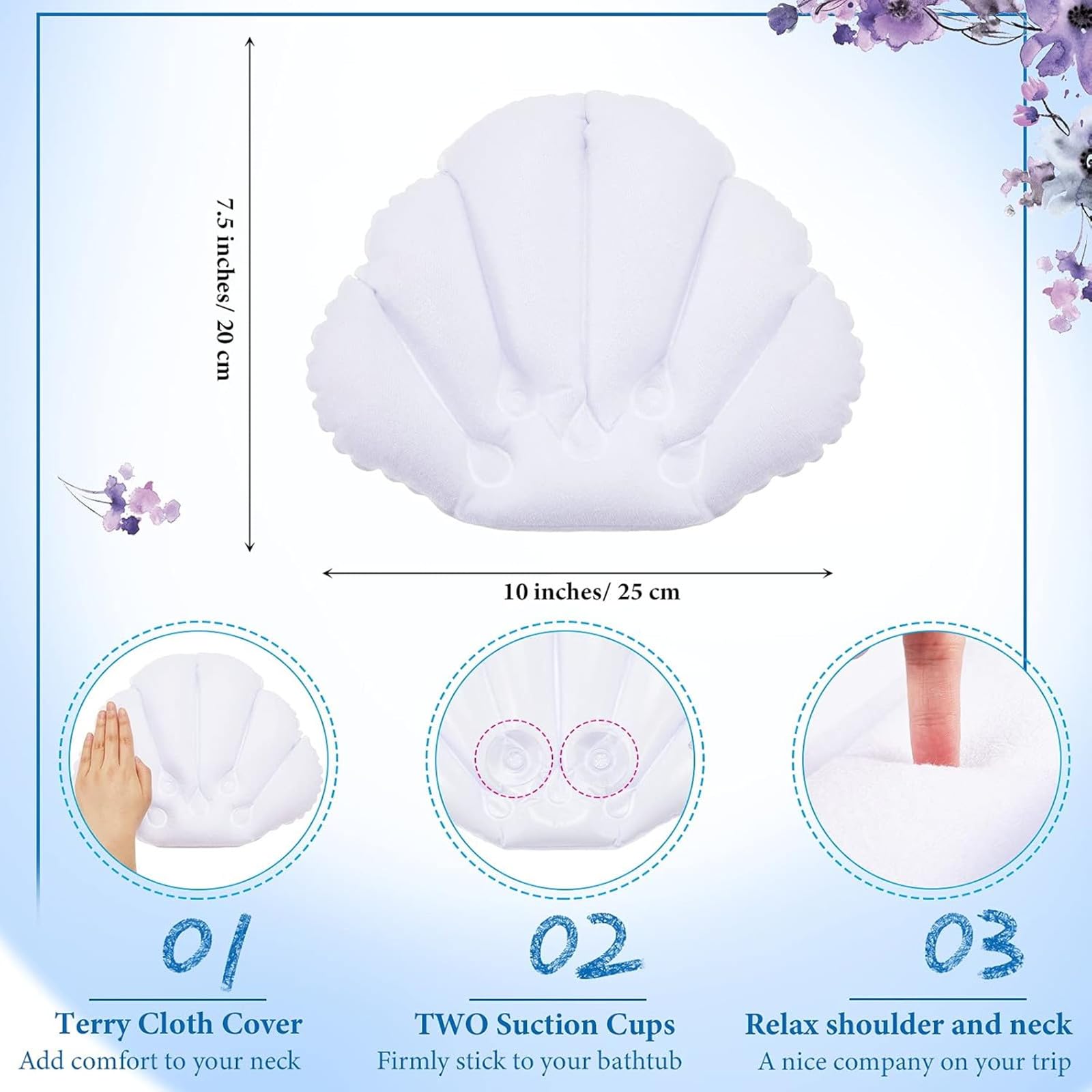 Jetec 2 Pcs White Inflatable Bath Pillow with Suction Cup Bathtub Spa Pillow Neck Support Supplies Shell-Shaped Soft Inflatable Cushion Large Small Size Fits All Tub Pool Bath and Bathroom 