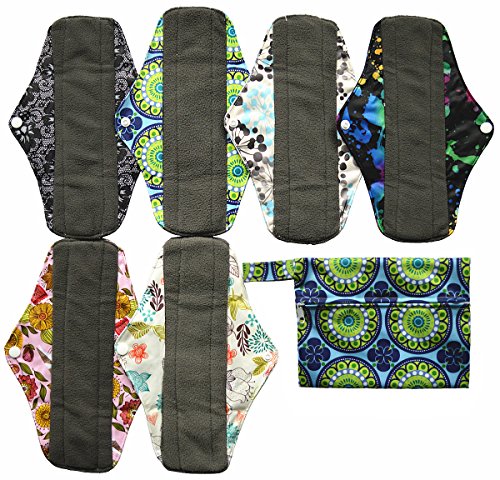 7pcs Set 1pc Mini Wet Bag +6pcs 10 Inch Regular Charcoal Bamboo Mama Cloth/Menstrual Pads/Reusable Sanitary Pads(Peacock)