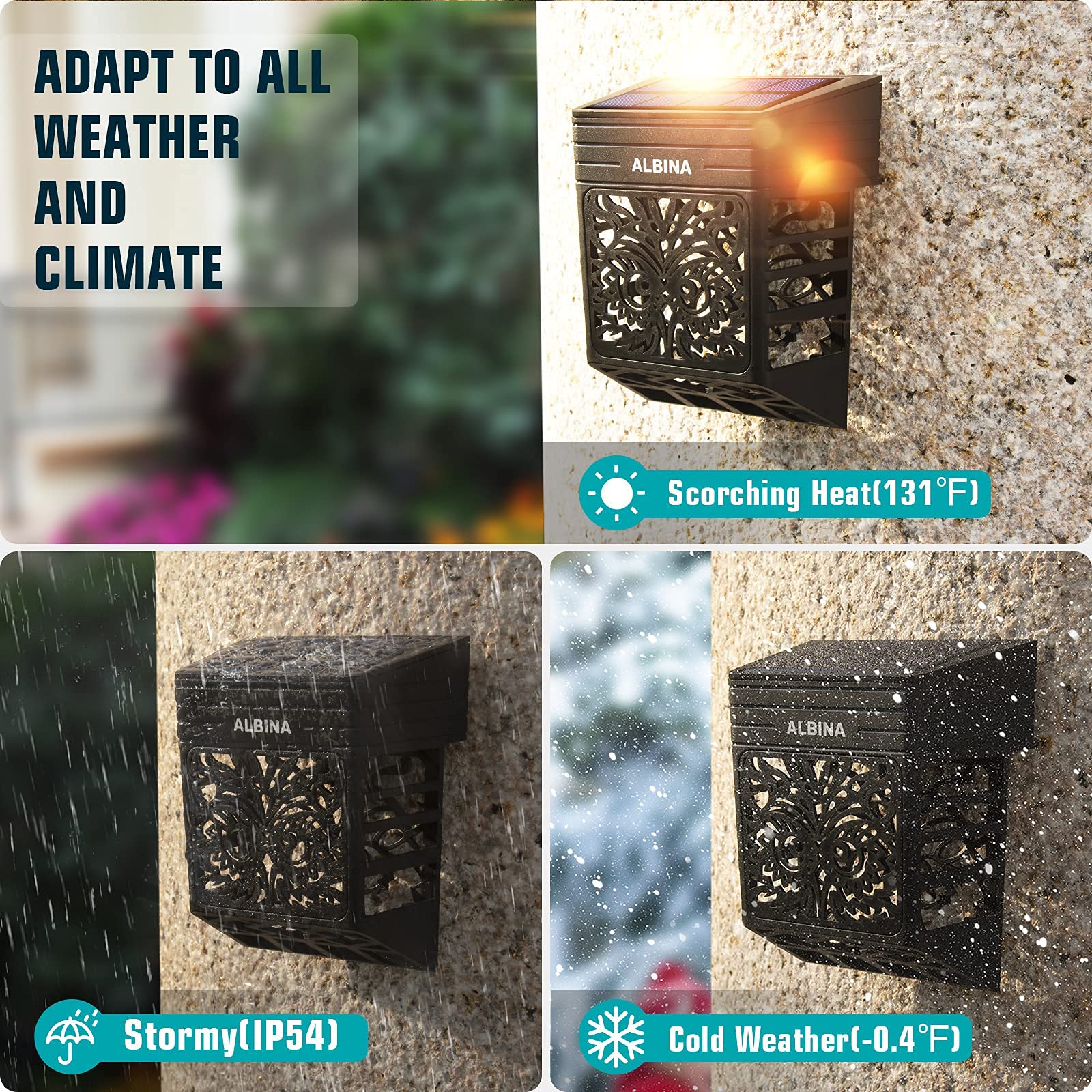 ALBINA Solar Deck Lights | Solar Fence Lights Outdoor Waterproof LED Garden Decorative Lights for Railing, Post, Step, Frontdoor | Auto ON/Off Outdoor Solar Lights with Christmas Tree Lamps, 4 Pack