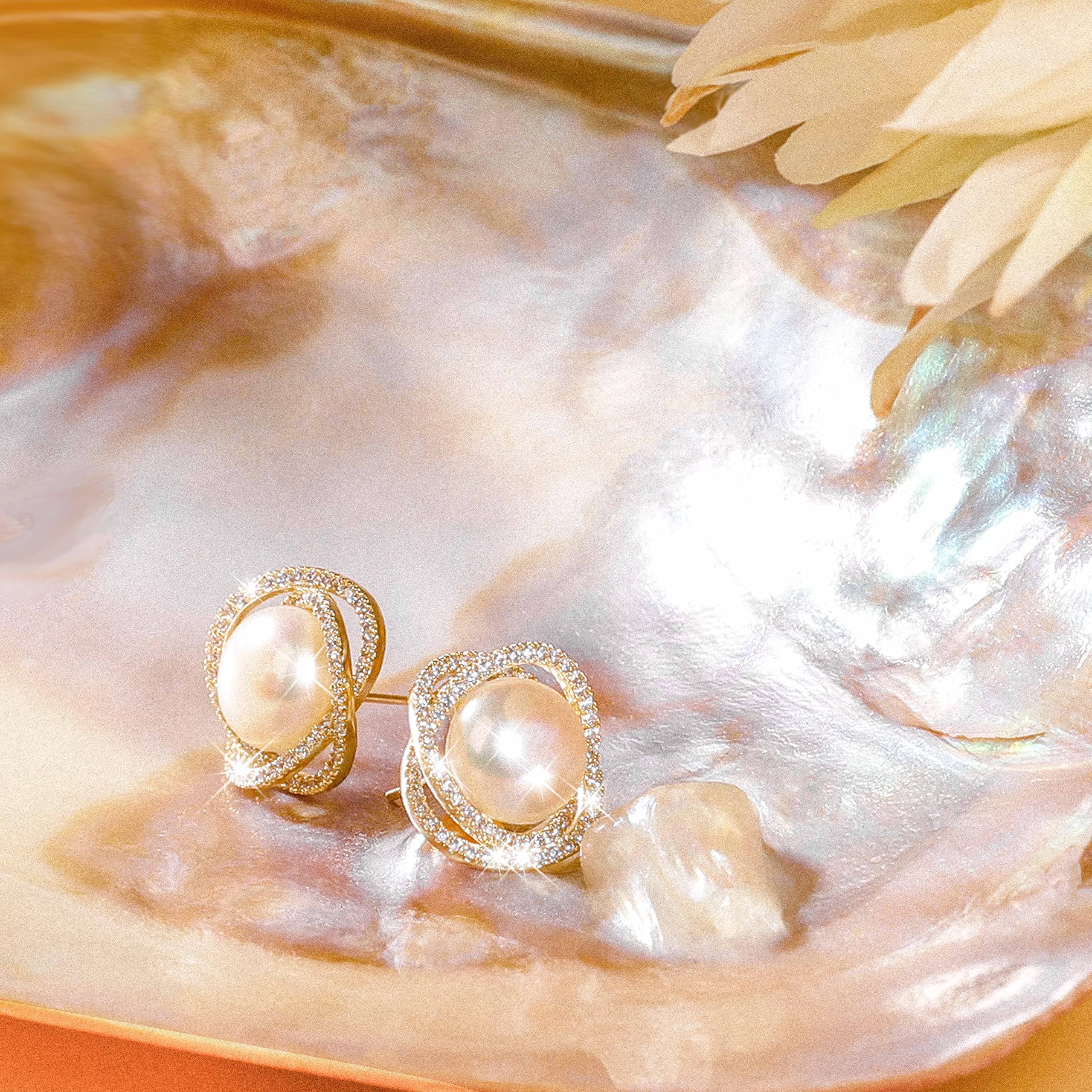 14K Gold Plated Pearl Earrings Studs With Diamonds Women's Cubic Zirconia Stud Earrings 9-12mm Freshwater Cultured Pearl Earring