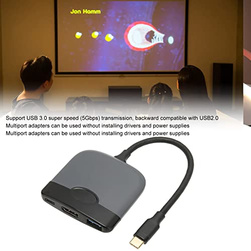 3 in 1 USB C Hub, Plug and Play ABS PC USB C to HD 3 in 1 5 Gbps USB 3.0 Multimedia Keyboard Interface Adapter Gray Black