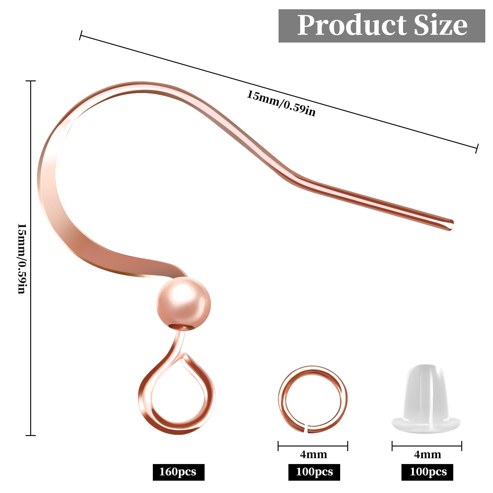 160 PCS/80 Pairs Earring Hooks Rose Gold Tone Plated Hypoallergenic Ear Wires Fish Hooks with 100 PCS Clear Silicone Earring Backs and 100 PCS Jump Rings Earring Finding for DIY Jewelry Making