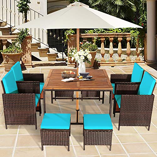 HAPPYGRILL 9PCS Patio Dining Set Outdoor Dining Furniture Set with Cushions, Space-Saving Dining Table with Acacia Wood Tabletop Rattan Wicker Chair and Ottoman Sets for Backyard Garden Poolside