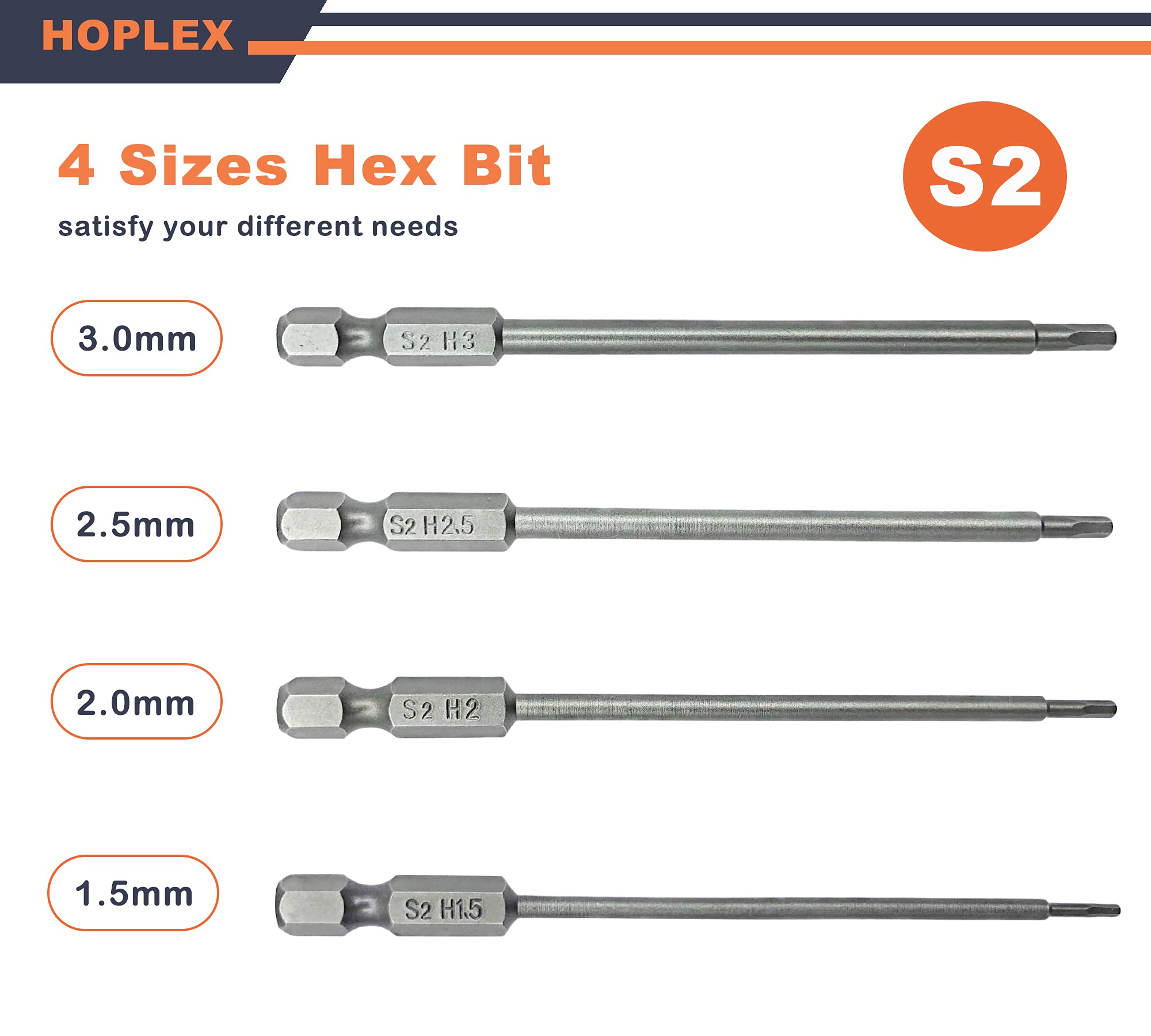 HOPLEX RC Hex Bit Set Hex Head Allen Wrench Drill Bit Set 1.5, 2.0, 2.5 & 3.0mm Upgrading of S2 Steel 1/4" Hex Shank 3.9" Long for Screwdrivers Bit Electric Screwgun/Power Drill RC Repair Working