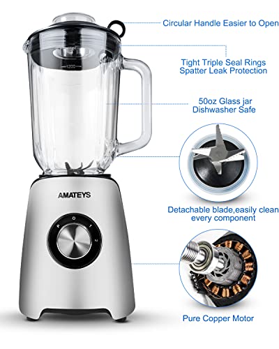 Amateys Quiet Smoothie Blender with 50 Oz Glass Jar,Professional Kitchen Blender for Shakes and Smoothies,Countertop Blender Speed Adjustable for Ice Crush Frozen Fruit Puree Mlikshakes