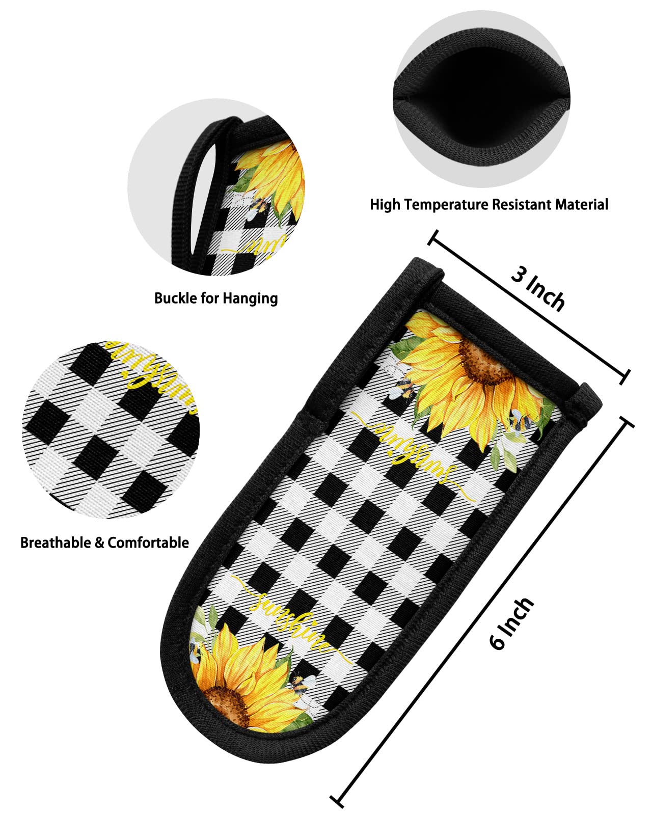 2 Pack Cast Iron Handle Cover, Sunflower Pot Holders Covers Heat Insulation, Spring Floral Summer Botanical Black Plaid Skillet Handle Cover Hot Pan Handle Sleeve for Kitchen Cooking Cookware
