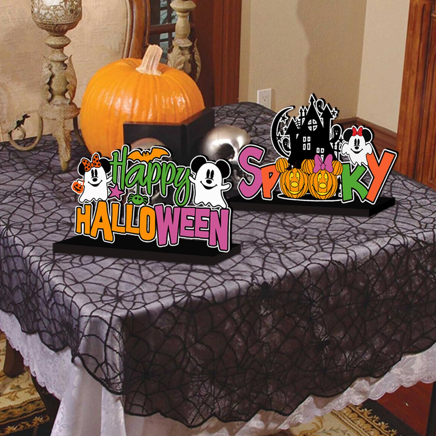 4Pcs Mouse Halloween Decorations Wooden Table Centerpieces, Happy Halloween Table Decorations Halloween Mouse Theme Tiered Tray Decor for Halloween Party Decorations