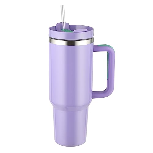 40 oz Tumbler with Handle and Lid Straw,Insulated Tumblers Stainless Steel Water Bottles,Travel Coffee Mug for Hot and Cold,BPA Free (Rainbow Light Purple)