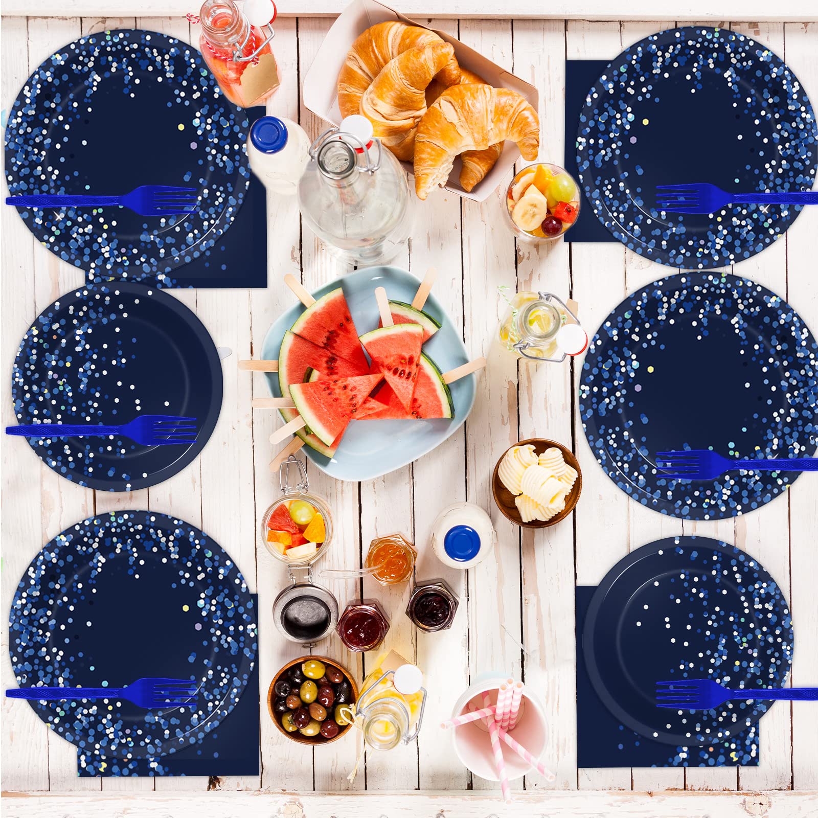 96 Pcs Blue and Silver Party Supplies Dot Confetti Paper Plates Sparkly Glitter Theme Party Decoration Confetti Party Tableware Set Bridal Shower Birthday Party Paper Plate Napkin Fork 24 Guests