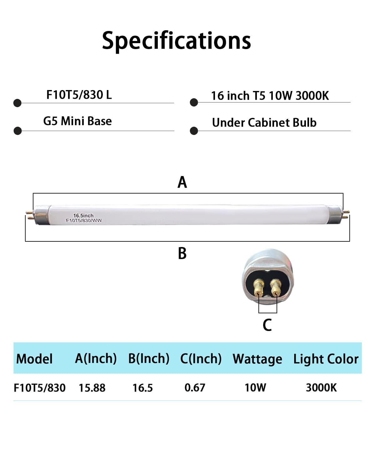 3 Pack 16" F10T5/830/L Fluorescent Light Bulb Replacement for Jasco,Philips,Linear T5 10W 3000K Warm White Bulbs,G5 Miniature Bipin Base