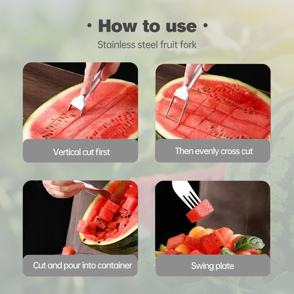 2024 New Watermelon Fork Slicer Cutter Slicer Tool, 2-in-1 Stainless Steel Fruit Cutter, Dual Head Fruit Forks Slicer Knife with Round Handle (2Pcs)
