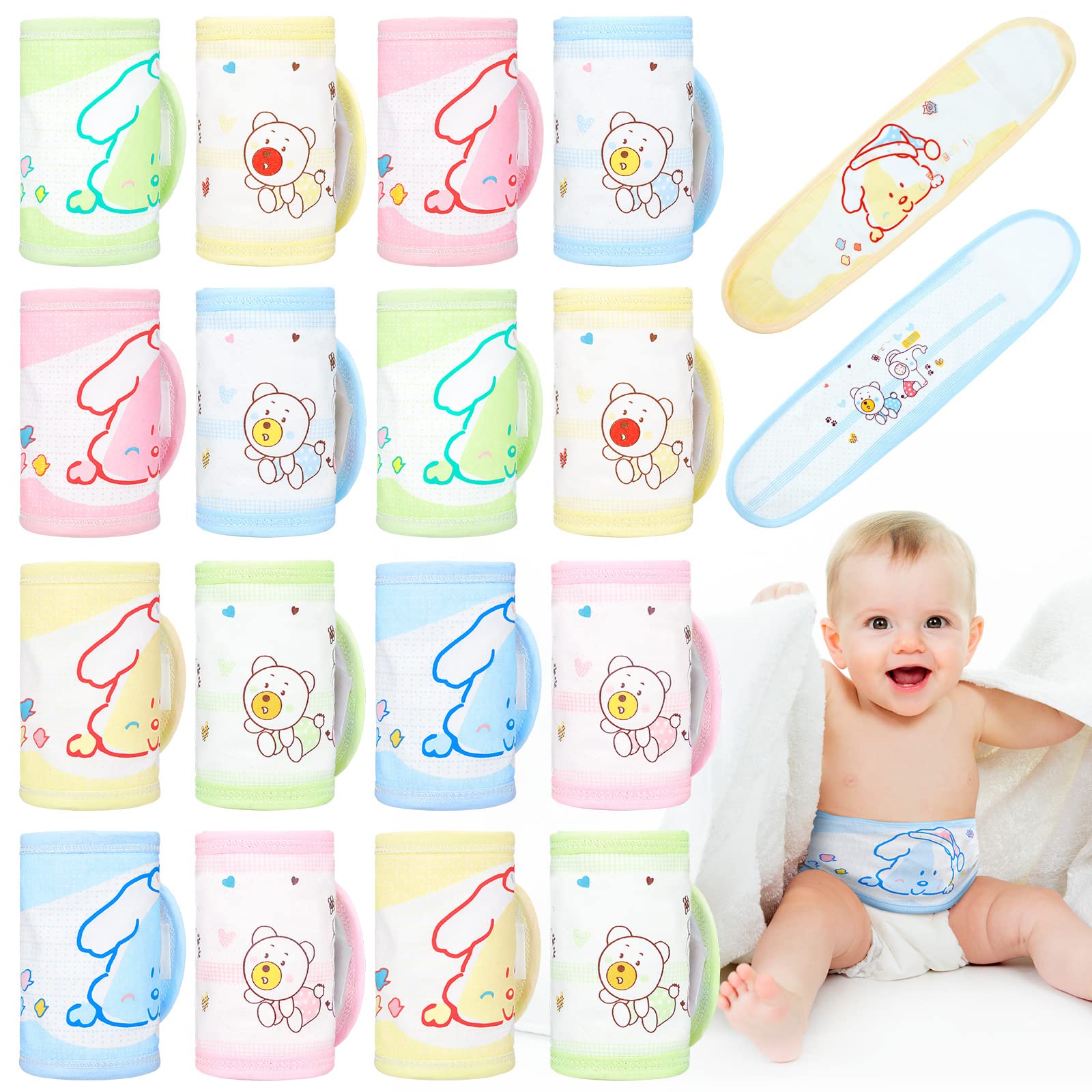 16 Pcs Cartoon Infant Umbilical Cord Cotton Baby Belly Band Soft Newborn Navel Belt for 0-12 Months Toddlers, 2 Styles
