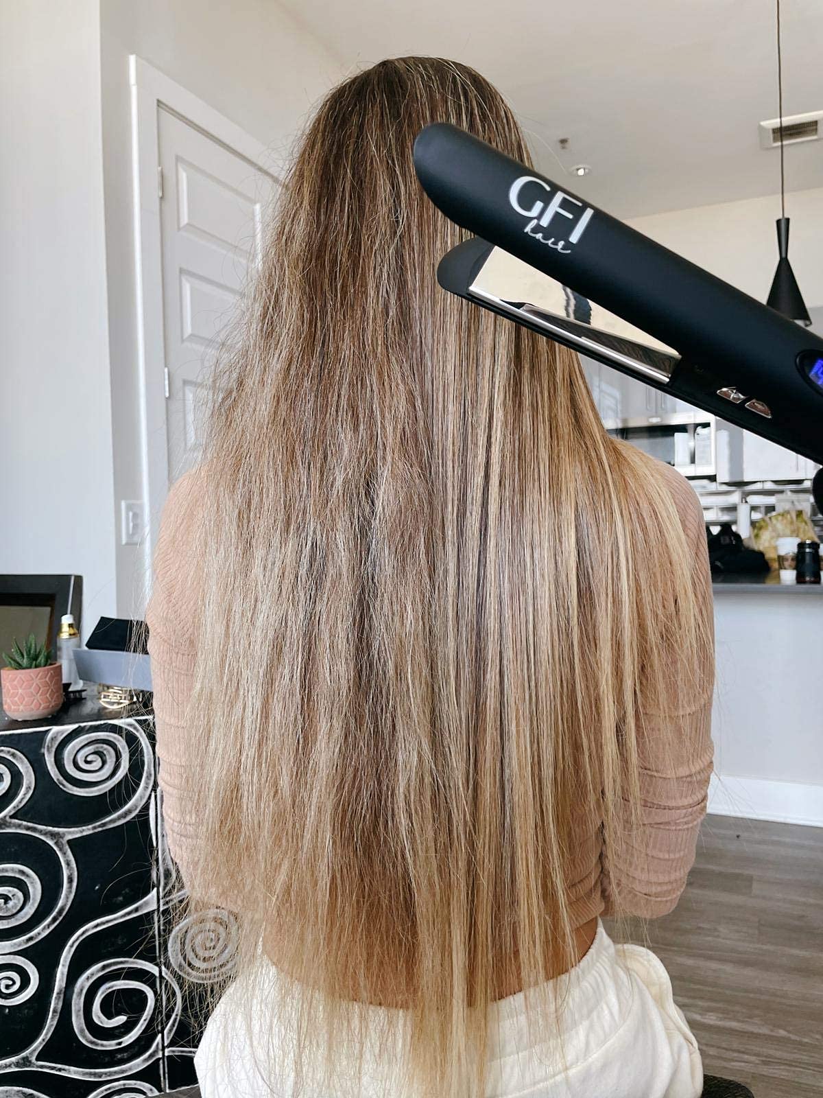 GFI Hair Straightener - Turbo Heating Element - Titanium Flat Iron - Straightens & Curls Any Hair Type - Temperature Control - Pouch & Glove Included