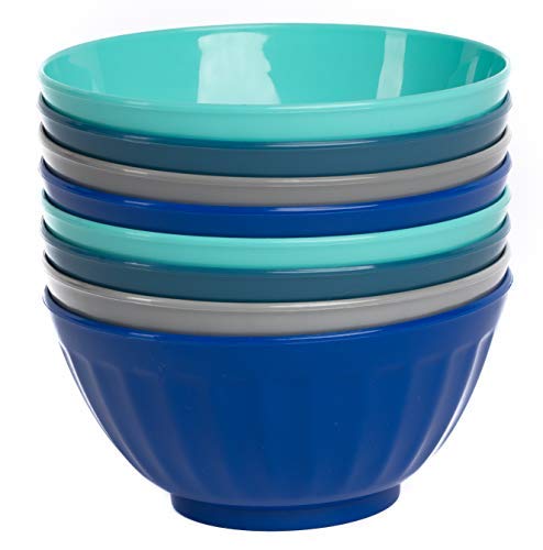 Klickpick Home 6 Inch Plastic Bowls Set of 8-28 ounce Large Plastic Cereal Bowls Microwave Dishwasher Safe Soup Bowls - BPA Free Bowls 4 Coastal Colors (2 of Each Color)
