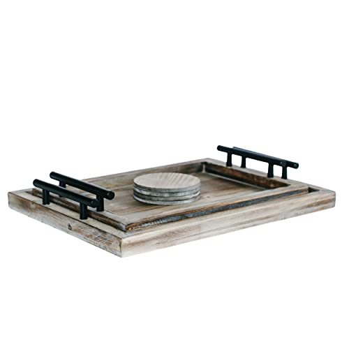 Decorative Ottoman Serving Tray Wooden Rustic (Set of 2) | Black Sleek Metal Handles | 4 Matching Coasters | Coffee Table Decor | Serving Kitchen Platter | Summit Living | For All Occasions