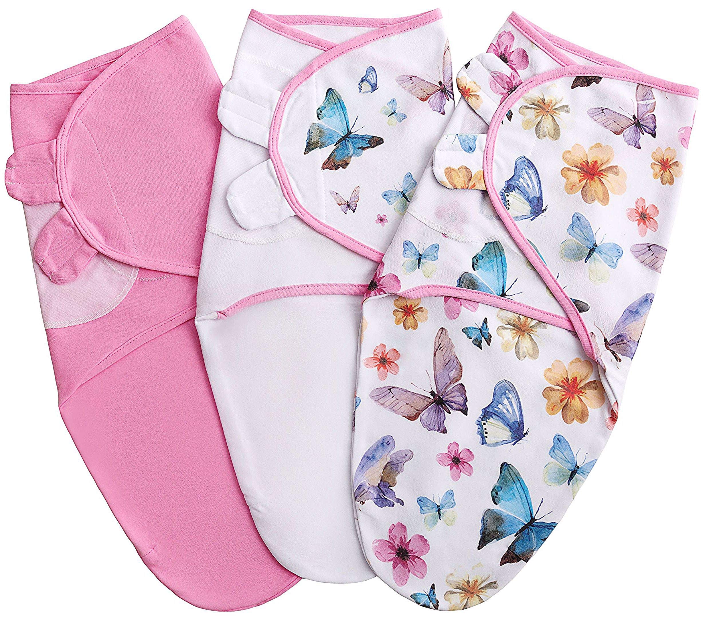 Baby Swaddle Blanket for Newborn Girl, 0-3 Months Small/Medium, 3 pcs Infant Swaddle Sack in a Gift Box, 100% Cotton Adjustable Swaddle Wrap, Pink