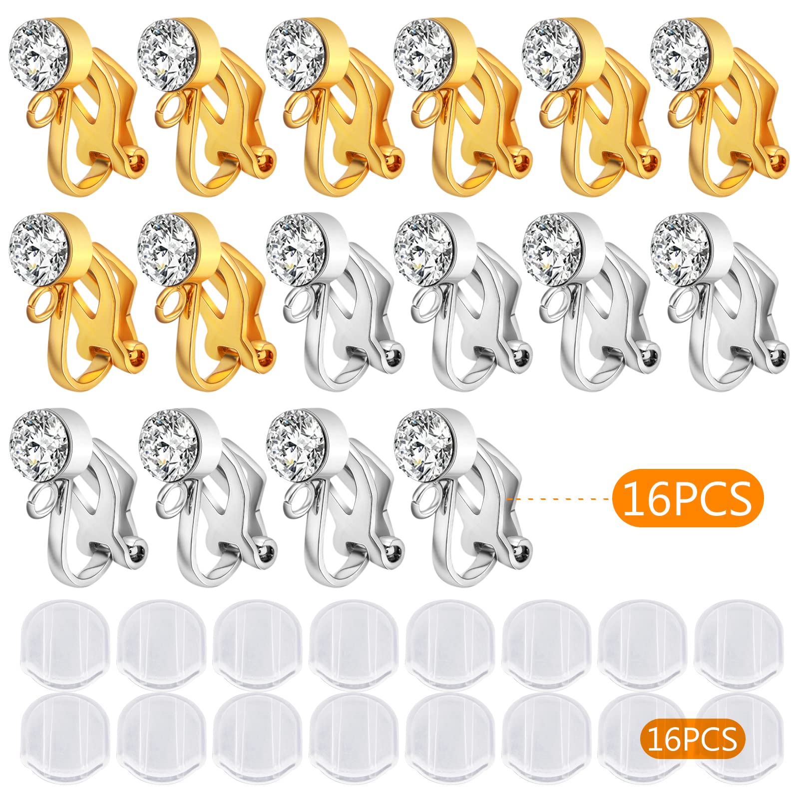 16pcs Clip-on Earring Converters Brass Triangle Earring Clips with Crystal Rhinestone Earring Findings and 16pcs Silicone Ear Pads for Non-Pierced Ears DIY Jewelry Making, 2 Colors