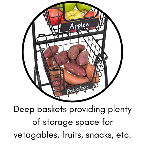 BIRDROCK HOME 3-Tier Wire Market Basket Stand with Chalk Label - Snack Fruit Vegetable Produce Metal Hanging Storage Bin for Kitchen Pantry - Free-Standing or Stacking Organizer - Black