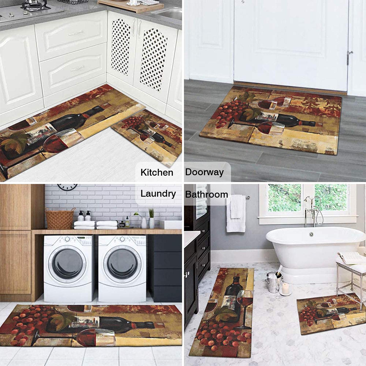 OUXIOAZ Wine Kitchen Rugs and Mats [2 PCS], Non Skid Washable Absorbent Microfiber Kitchen Mat for Doormat Bathroom Runner Set (17"x47"+17"x30", Wine)