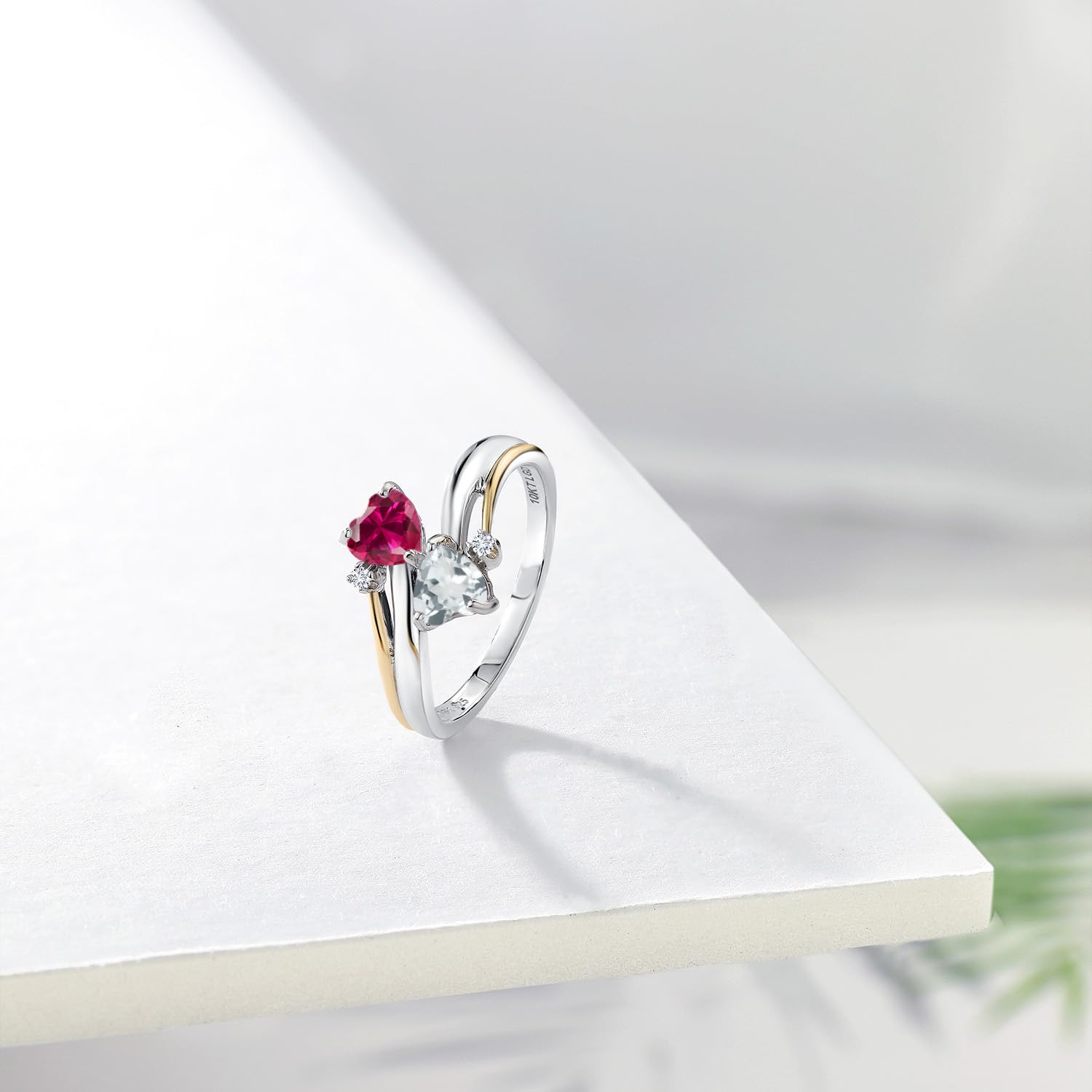 2-Tone 925 Sterling Silver and 10K Yellow Gold Red Created Ruby Sky Blue Aquamarine and White Lab Grown Diamond Women Ring (1.04 Cttw, Gemstone Birthstone, Available In Size 5, 6, 7, 8, 9)
