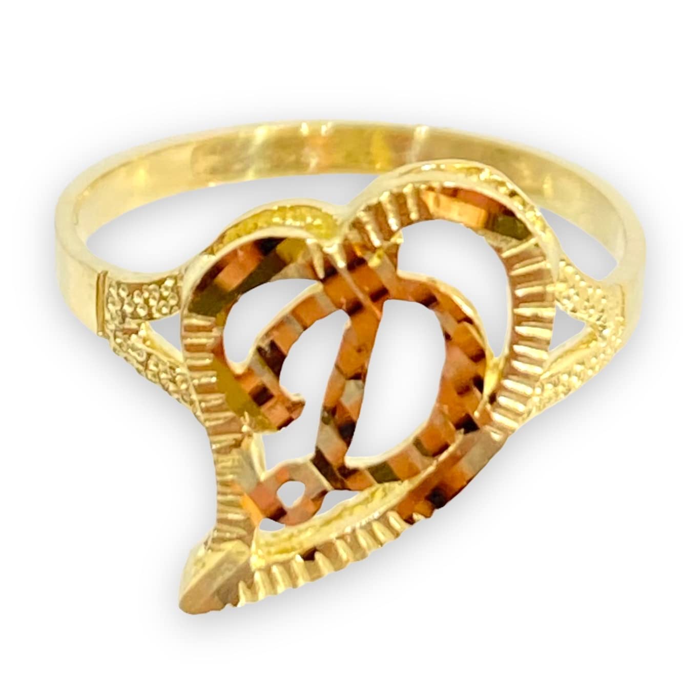 17 MM LONG LADIES SPARKLING DIAMOND-CUT HEART INITIAL CURSIVE ALPHABET LETTER RING REAL 10K YELLOW GOLD 4006 (D)