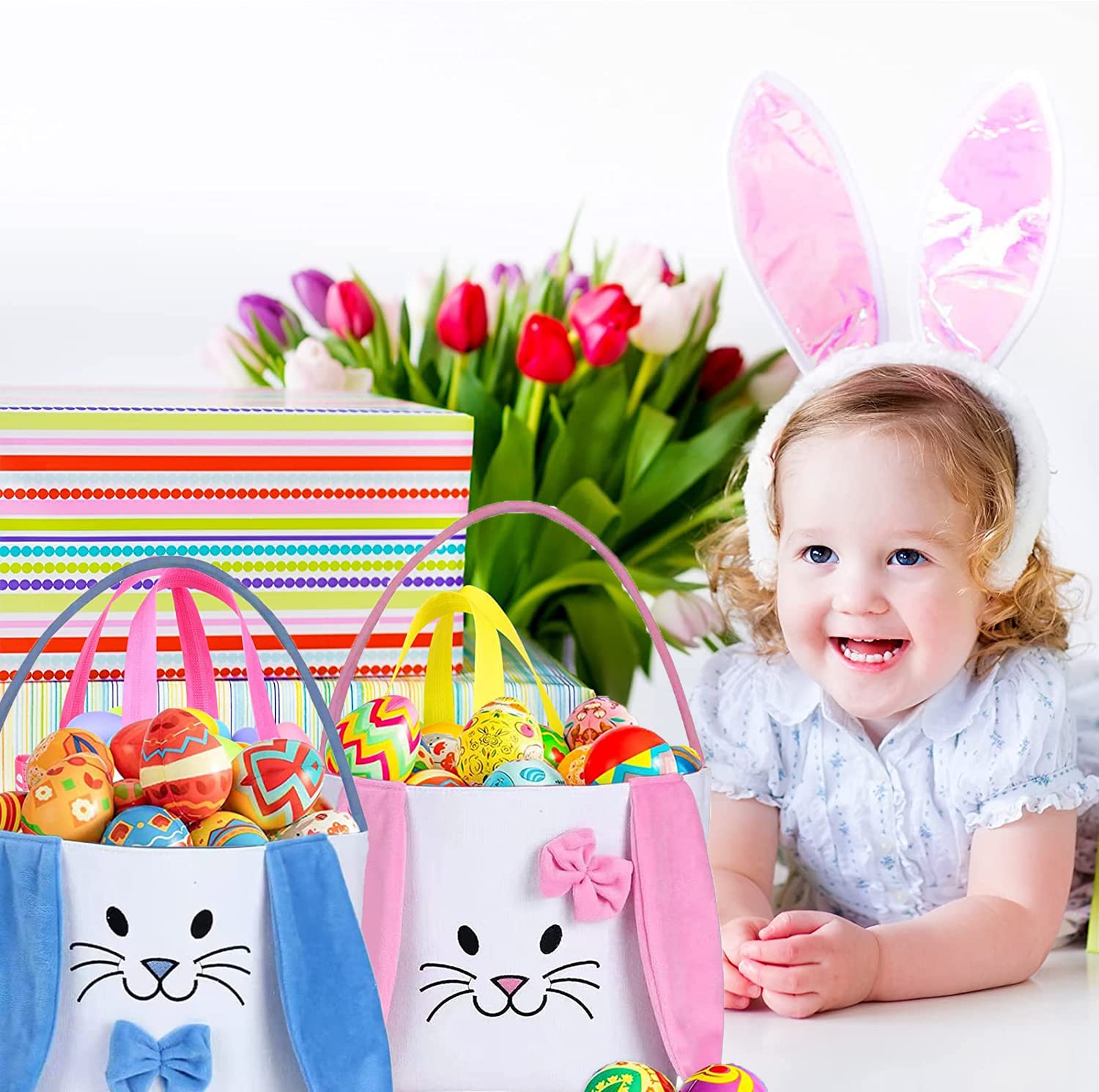 Easter Basket for Kids Easter Bunny Bag Easter Decorations (# Pink 1)