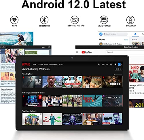 Android 12.0 Tablet, 10 inch 2GB RAM 64GB ROM, 512GB Expand, Tablet with Dual Camera, WiFi, Bluetooth, HD Touch Screen, Google GMS Certified