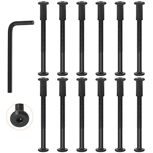 Rustark 12 Set M6x75mm Black Hex Drive Socket Cap Bolts Kit Carbon Steel Allen Head Countersunk Furniture Crib Bolts Nuts with Free Hex Key for Chairs Bed Cribs Furniture