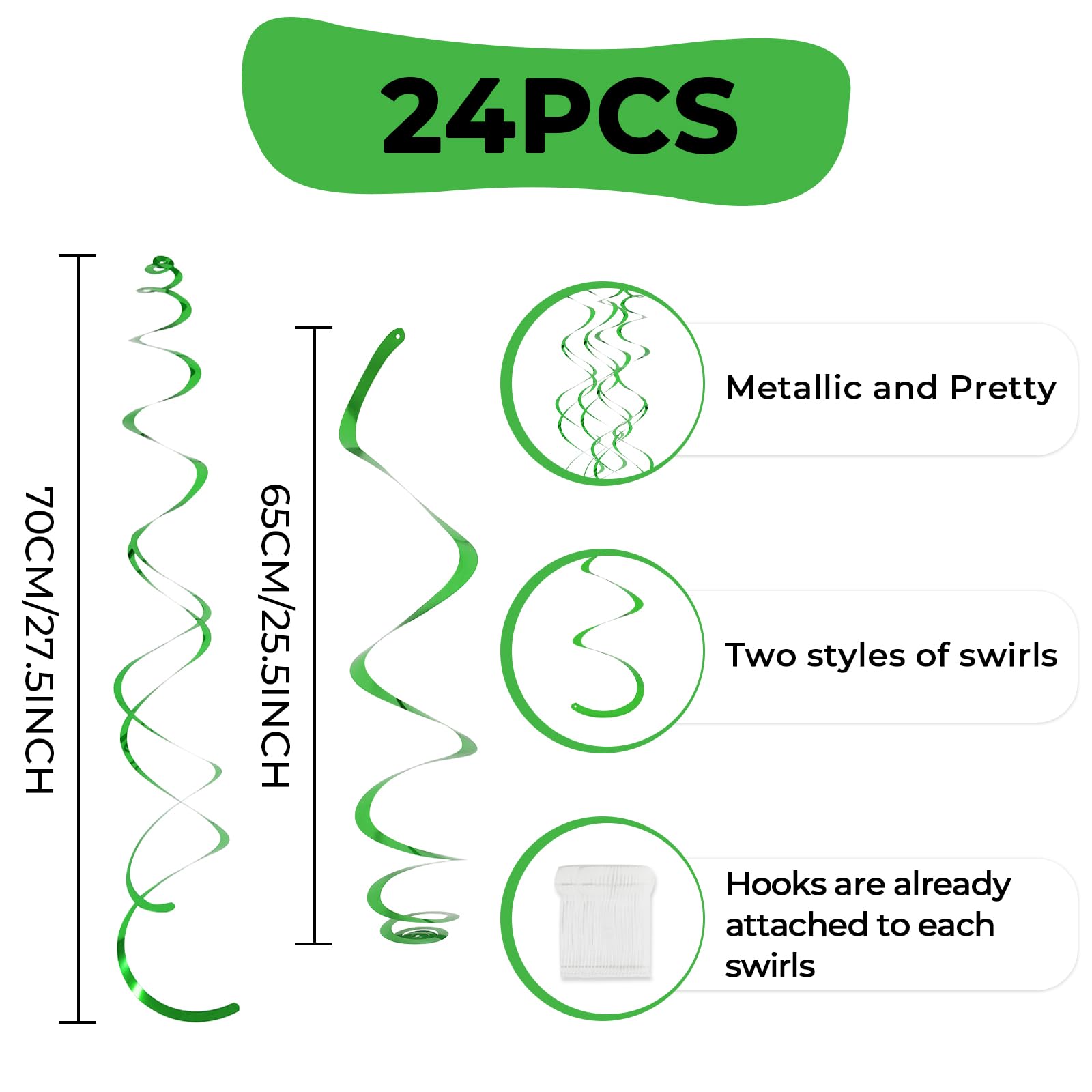 24 PCS Green Hanging Swirl, Sparkle Ceiling Hanging Decorations, Plastic Streamer Party Decorations with Double-Swirls and Single-Swirls for Birthday Decorations, Graduation, Baby Shower
