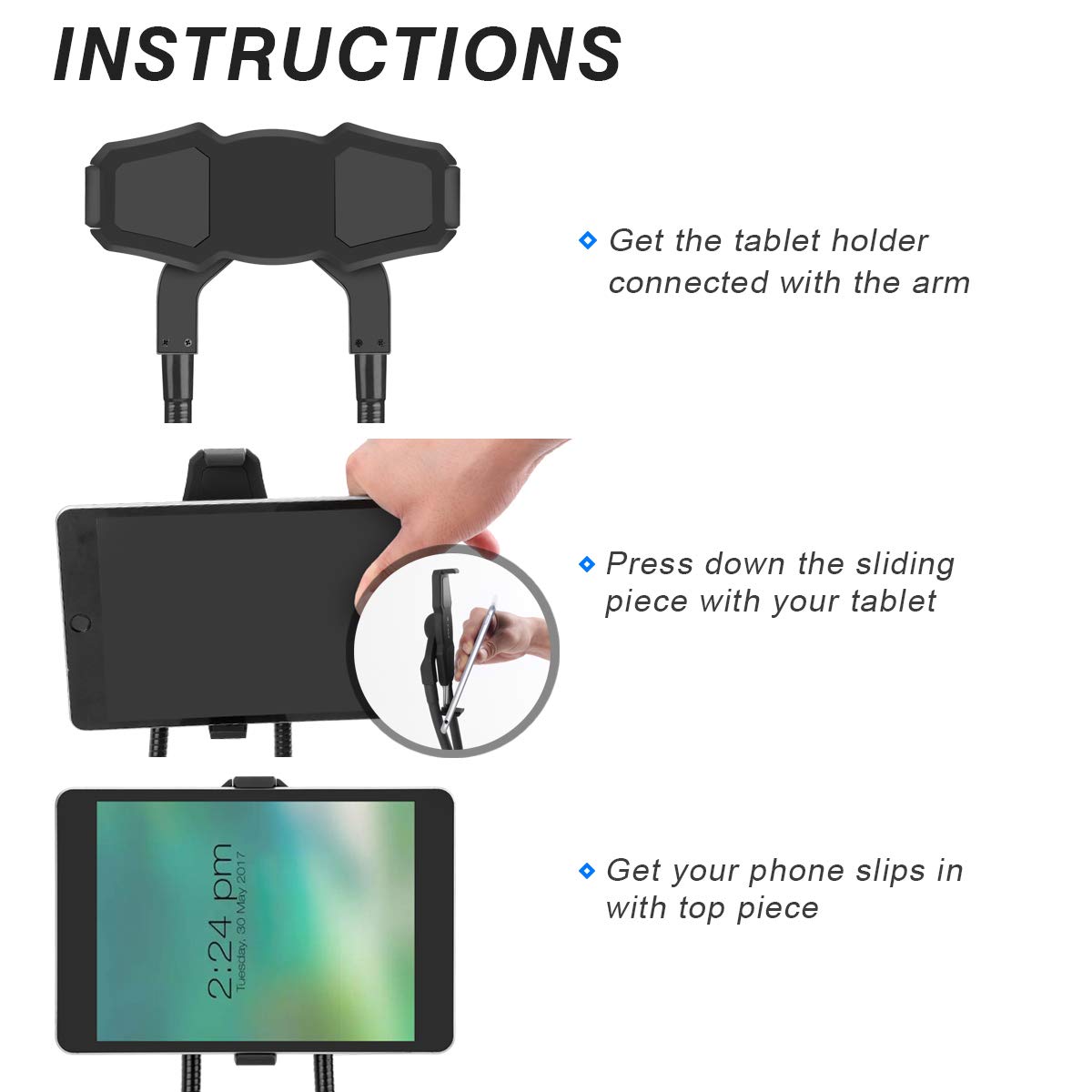 B-Land Tablet Holder for Gooseneck Stand, Universal Mobile Phone Mount Tablet Clamp (Gooseneck Stand Not Included)