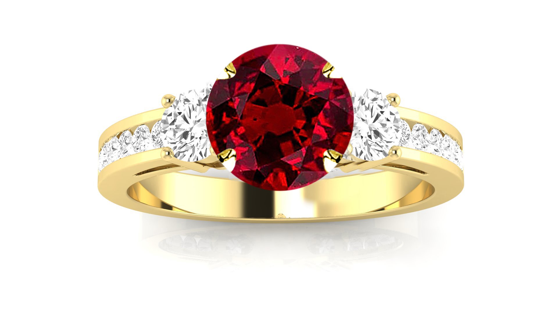 14K Yellow Gold Channel Set 3 Three Stone Diamond Engagement Ring with a 0.5 Carat Ruby Heirloom Quality Center