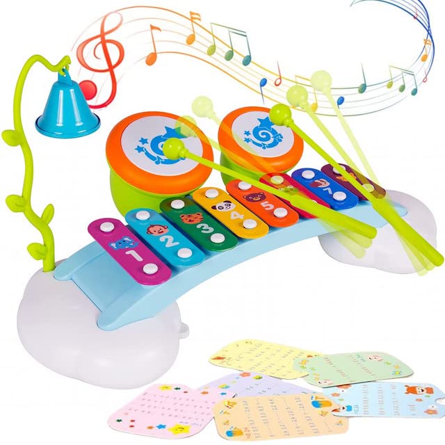 Baby Toys Rainbow Xylophone Musical Toy Piano Bridge Instrument with 6 Music Cards, 8 Notes, Ringing Bell and Drums