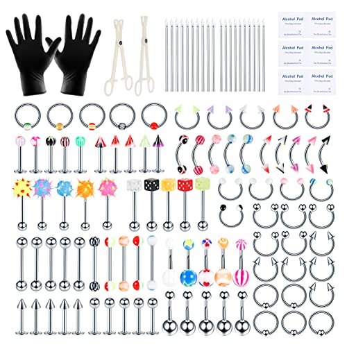 Xpircn 120PCS Piercing Jewelry Kit Piercing Needles Stainless Steel Acrylic 14G 16G Nose Septum Horseshoe Lip Tongue Eyebrow Tragus Belly Tongue Nipple Barbell Rings Tool Kit