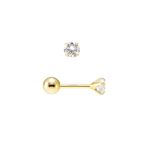 3 MM Cubic Zirconia Sterling Silver Plated Yellow Gold Stud Earrings for Women, Screw Ball Backing