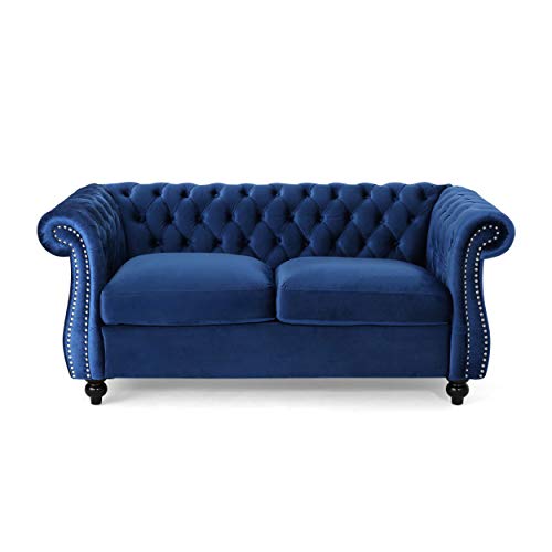 Christopher Knight Home Karen Traditional Chesterfield Loveseat Sofa, Navy Blue and Dark Brown, 61.75 x 33.75 x 27.75