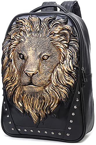 3D Animal Head Backpack, Studded PU Leather Cool Laptop Backpack College Bookbag (Lion-Gold) One Size