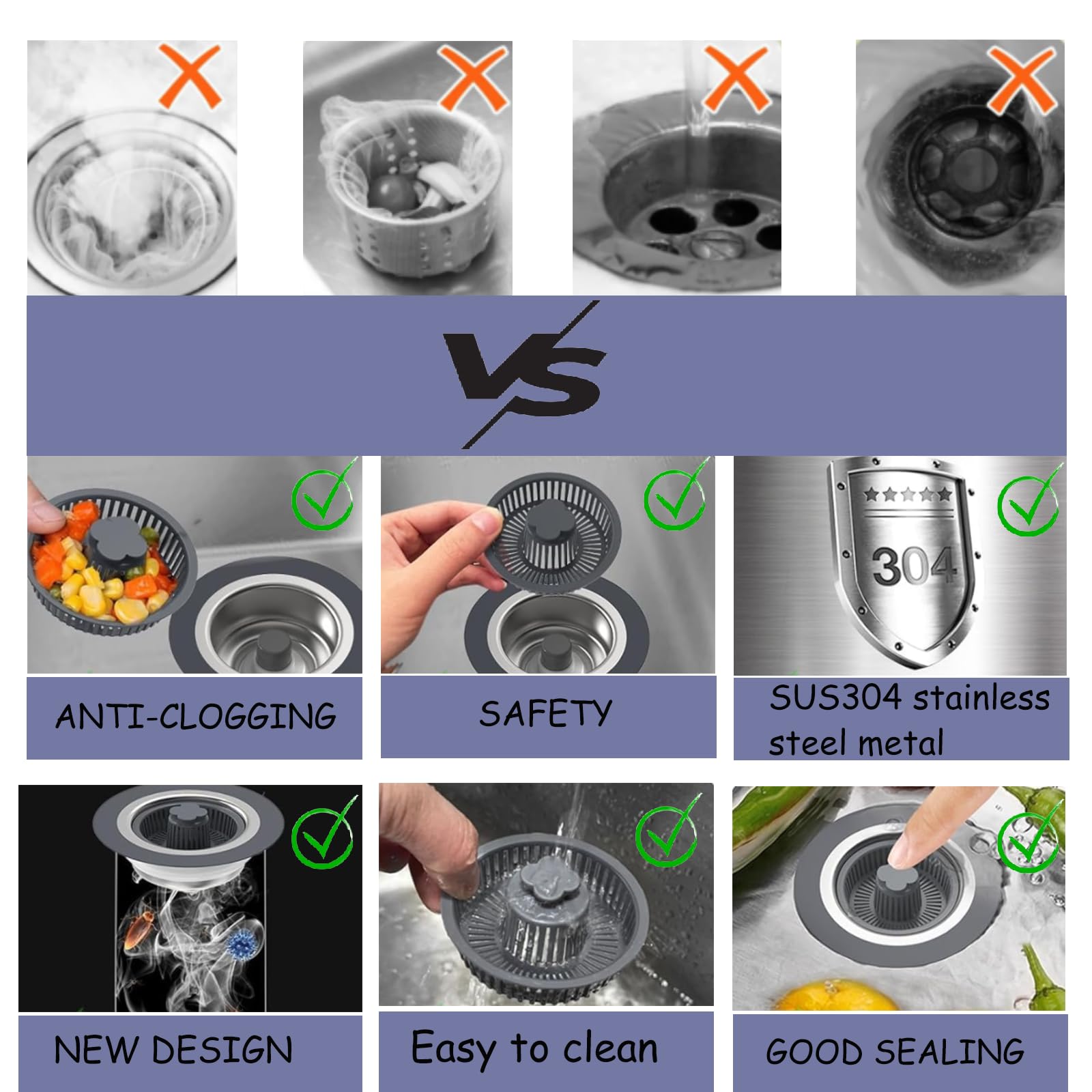2 Pack Upgraded 3 in 1 Kitchen Sink Drain Strainer, Pop Up Sink Strainer Kitchen Drain Stopper Combo,Anti-Clogging Stainless Steel Sink Strainer Basket Plug & Cover for US Standard 3-1/2 Inch Drain