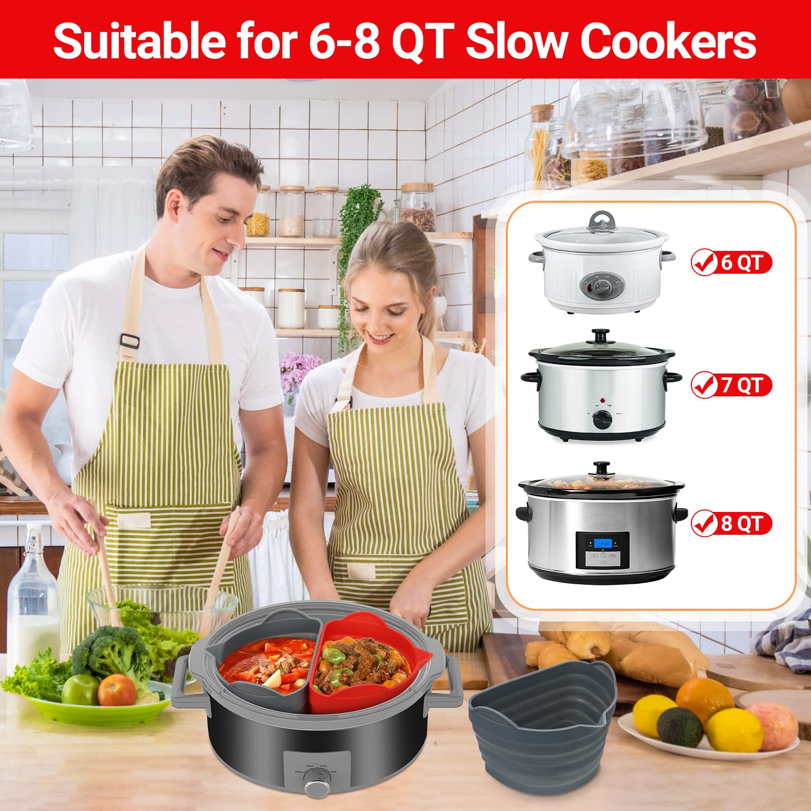 2 Set Silicone Slow Cooker Liners,SelfTek Reusable Liner Fits Crock-Pot &Hamilton Beach 7-8 Qt Oval,Foldable,Leakproof Dishwasher Safe Cooking Insert Includes Spoons - Red & Black