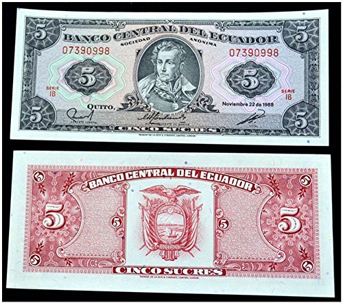 1988 EC OBSOLETE ECUADOR BANKNOTE w FOUNDER of COUNTRY! ORNATE OLD DESIGN ENGRAVED in LONDON 5 SUCRES Gem Crisp Uncirculated