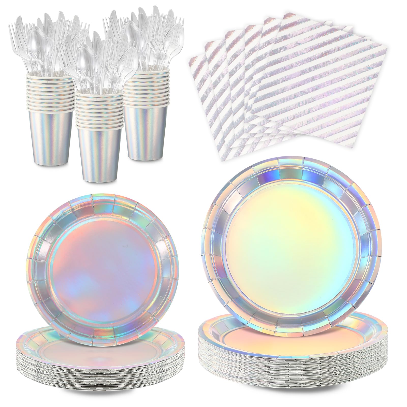 168 Pcs Iridescent Laser Birthday Party Tableware Set, Shiny Iridescent Dessert Plates Cups Sparkle Holographic Foil Napkins for 24 Guest Disco Bridal Wedding Christmas Iridescent Party Decoration