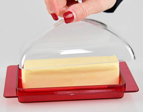 HOME-X Butter Keeper, Large Butter Dish with Lid, Versatile Food Container, Butter Dish with Handled Lid, 6 1/8" x 2 ½" W x 3 ¾" H, Red