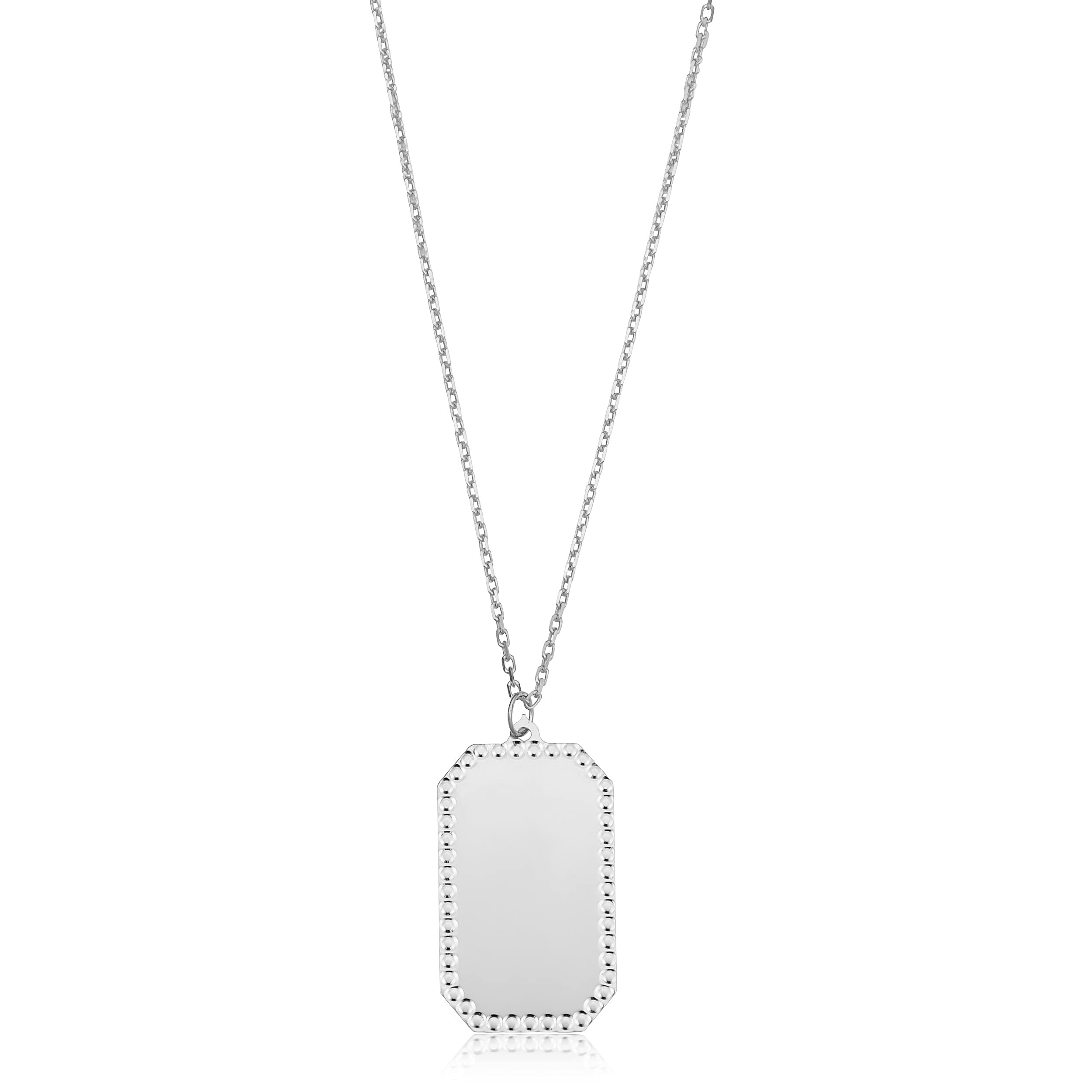 14k White Gold Plaque Engraveable Dog Tag Pendant Cable Chain Necklace (adjusts to 17 or 18 inch)