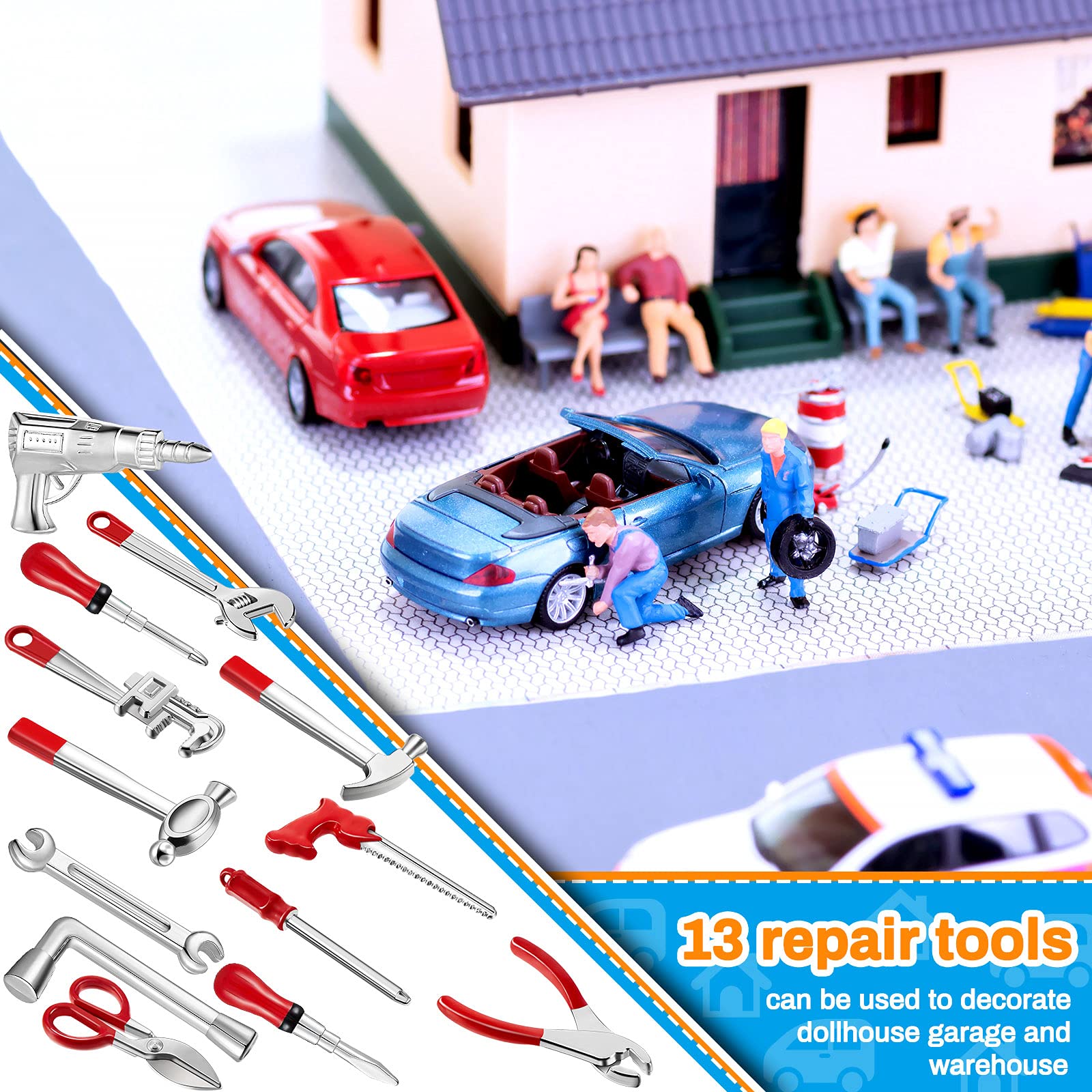 Aoriher 23 Pieces 1:12 Miniature Dollhouse Tools Dollhouse Metal Repair Tool Miniature Scene Model Work Tools with 2 Tin Boxes for Dollhouse Decoration Child Pretend Toy DIY Crafts Ornament