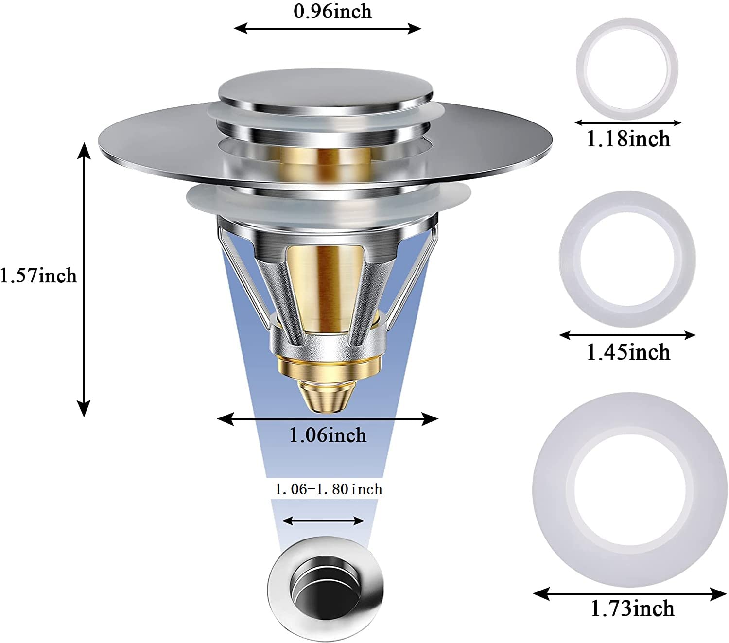 2.0 Upgraded Universal Bathroom Sink Stopper Pop Up, Sink Drain Plug for 1.06-1.80'' Drain Holes, Bathroom Stainless Steel Sink Drain Filter With Basket (Silver 1pc)