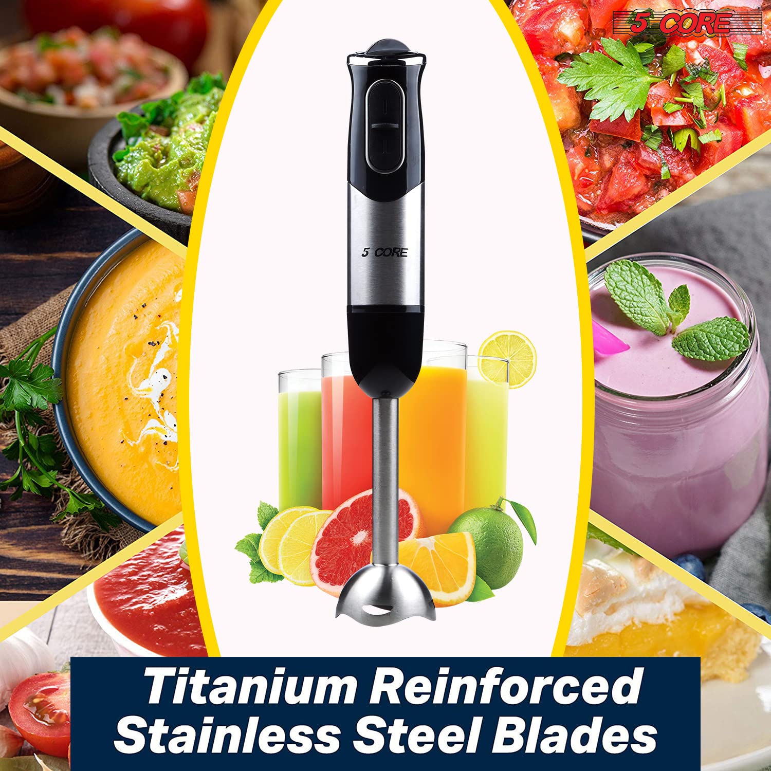 5 Core Immersion Blender Handheld Electric Whisk Hand Blender 8-Speed 500W Hand Held Stick Blender with Food Grade Stainless Steel Blades for Perfect for Smoothies Puree Baby Food Soup