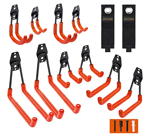 Garage Hooks, 12 Pack Wall Storage Hooks with 2 Extension Cord Storage Straps, Heavy Duty Tool Hangers for Utility Organizer, Wall Mount Holders for Garden Lawn Tools, Ladders, Bike (Orange)