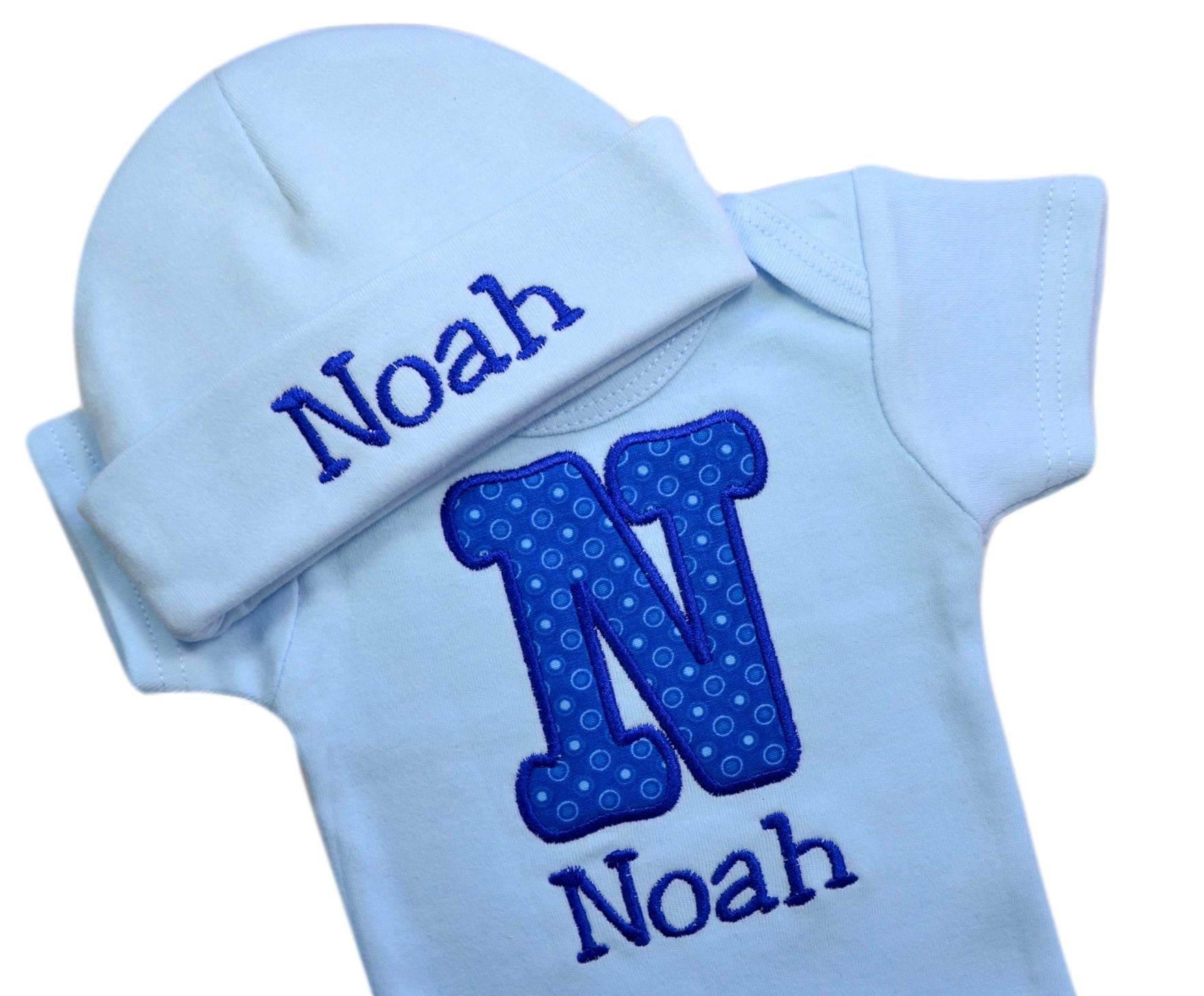 Funny Girl Designs Personalized Embroidered Baby Boys Bubble Initial Bodysuit with Matching Cotton Beanie Hat - Your Custom Name (Royal Blue Dot)