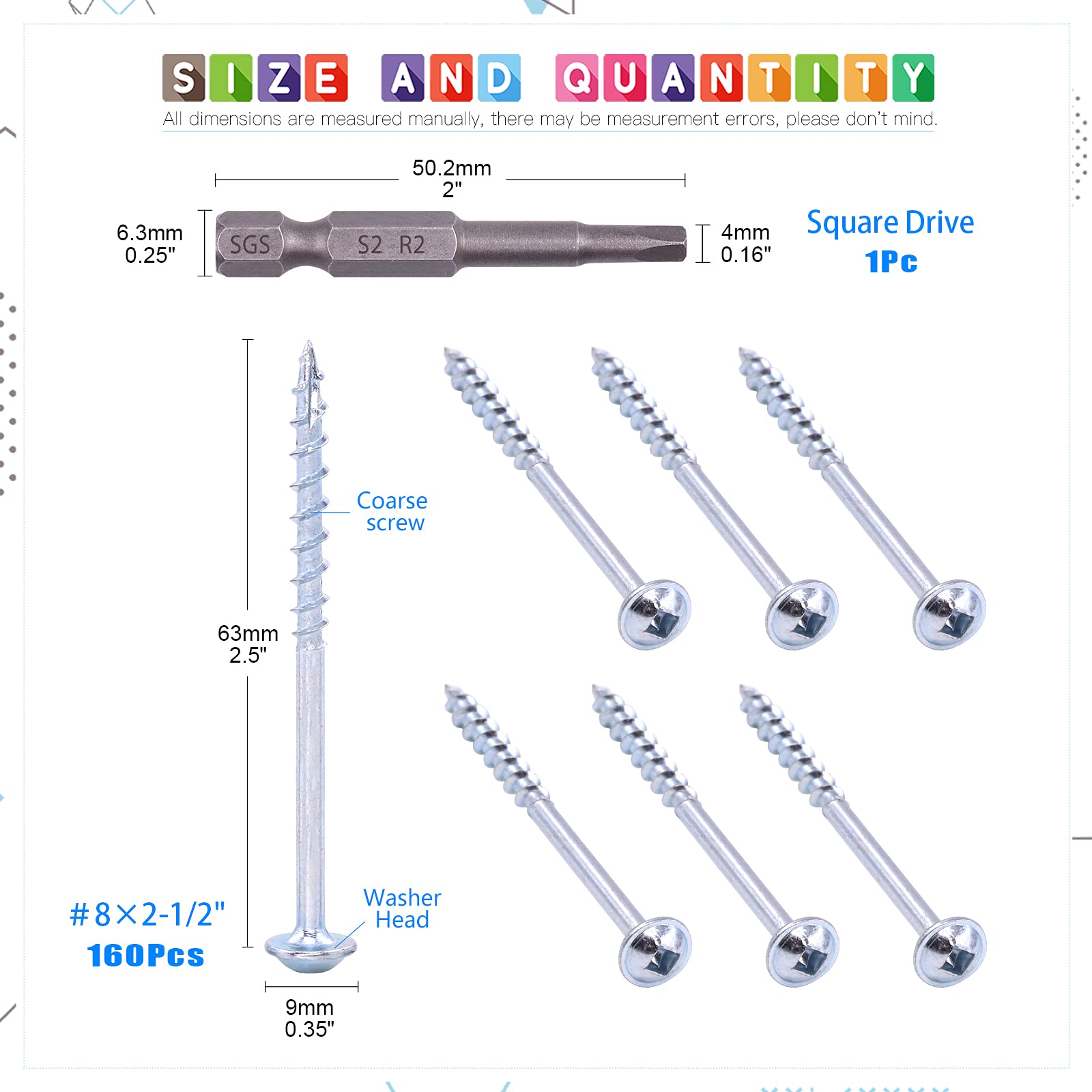 Glarks 160Pcs #8x2-1/2'' Pocket Hole Screws Zinc Coated Square Drive Self Tapping Coarse Thread Wood Screws for Wood and Sheet Metal (#8x2-1/2'' Coarse Thread)