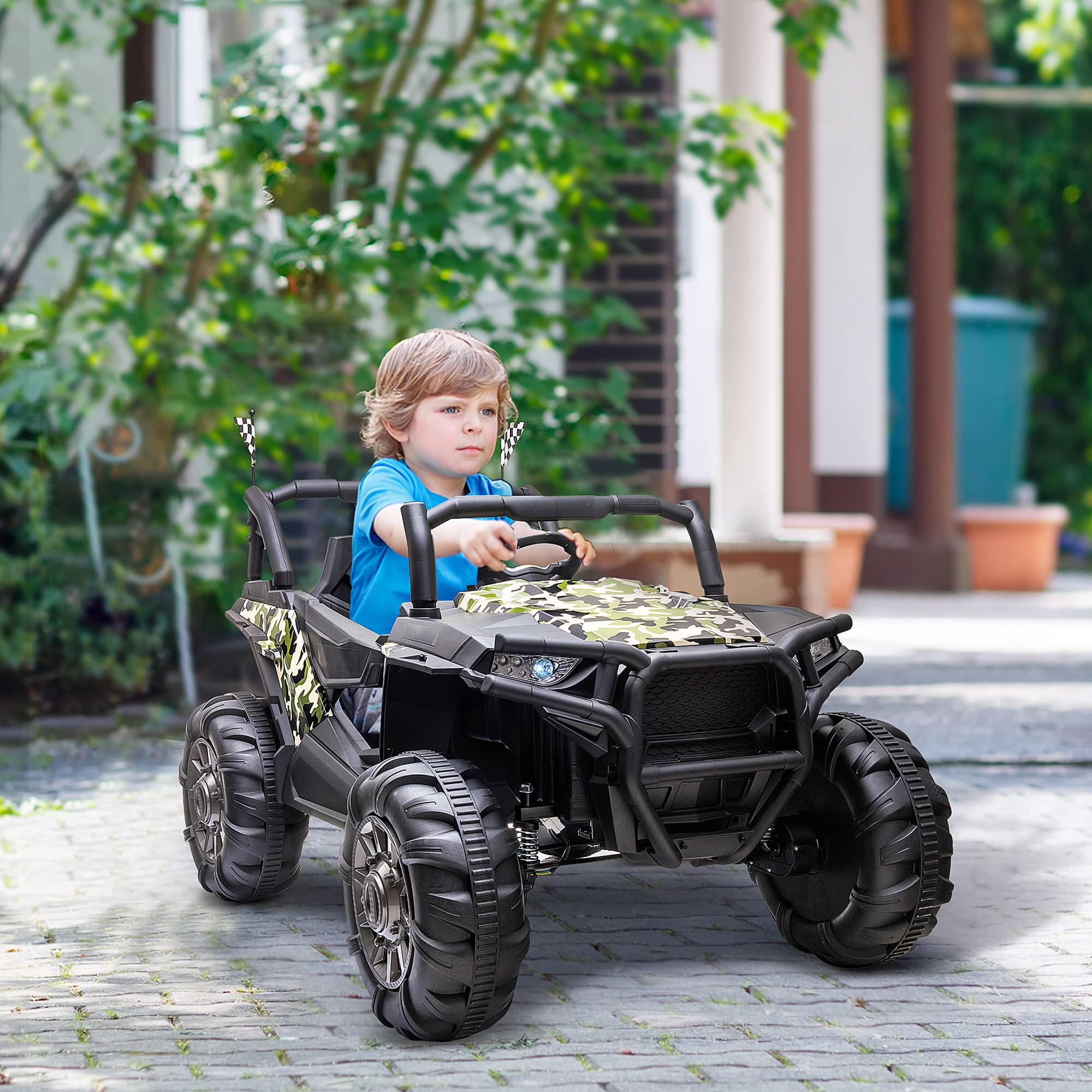 Aosom 12V Kids Ride On Car Electric Off-Road UTV Truck Toy with Parental Remote Control, Suspensions, USB, Bluetooth, 3 Speeds & 4 Motors, Camo Green